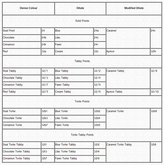 Siamese Colour Chart - Siamese Cat Breeder